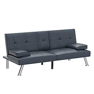 Best Choice Products Faux Leather Upholstered Modern Convertible Futon, Adjustable Folding Sofa Bed, Guest Bed w/Removable Armrests - Blue