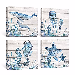 SUMGAR Ocean Wall Art Bathroom Rustic Decor Beach Coastal Canvas Paintings Farmhouse Navy Blue Pictures Seahorse Starfish Nautical Artwork Set of 4 Marine Life Theme Bedroom Decorations 12x12 inch