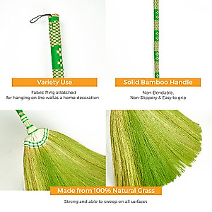SN SKENNOVA Asian Broom -Beautiful Handmade Retro Grass Broom with Traditional Thai Embroidery On 24" Bamboo Handle, Thick & Sturdy for Unique Wall Decor & Cleaning.