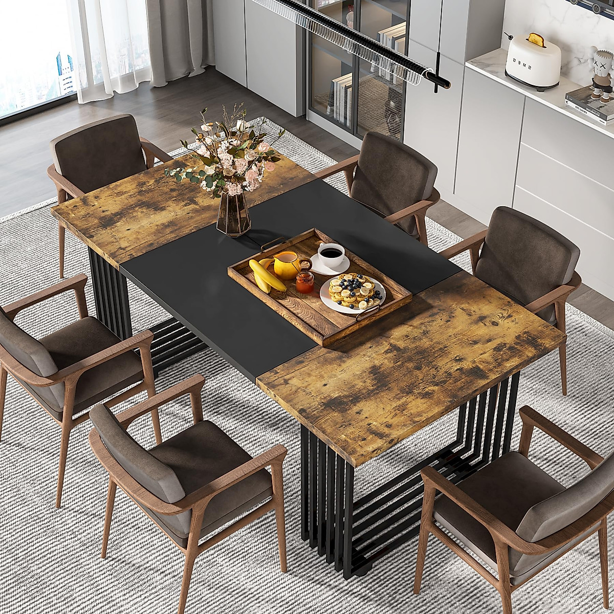 Tribesigns Dining Table for 6-8 People, 70.8'' Long Industrial Dining Room Table for Kitchen, Wood Kitchen Table with Black Metal Legs, Brown