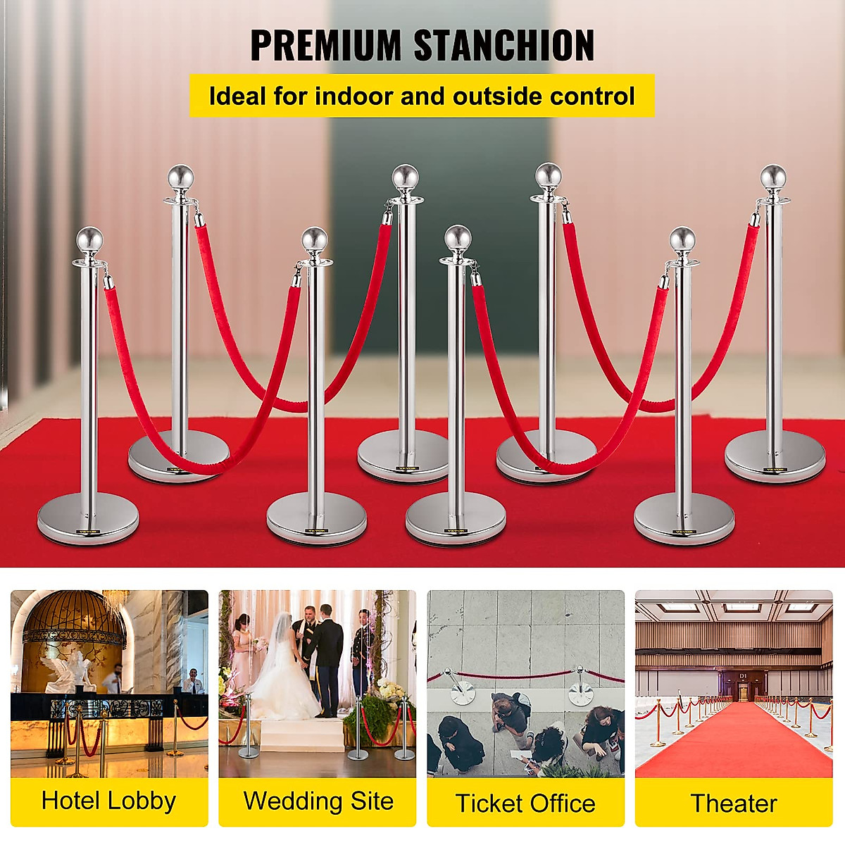 VEVOR Velvet Ropes and Posts 8 Pcs, 5 ft Red Velvet Rope, Stanchion Post with Ball Top, Crowd Control Barriers Silver Stanchions, Red Carpet Poles, Crowd Control Ropes and Poles for Party Supplies