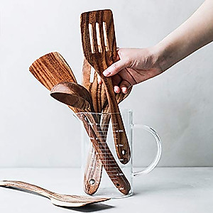 5 Pcs Best Wooden Spoons for Cooking Kitchen Utensils Set Non Stick Spoon Acacia Wood Utensil Cooking Spatula Turner Slotted Spoon Flat Wooden Spatula Set Mixing Cooking Spoons Kitchen Utensils