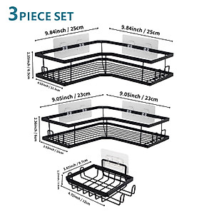WUDIALIEN Corner Shower Caddy,3 Pack Adhesive Shower Shelf with Soap Holder,Wall Mounted Stainless Steel Organizer and Storage Shelf with 12 Hooks for Bathroom Kitchen Countertop
