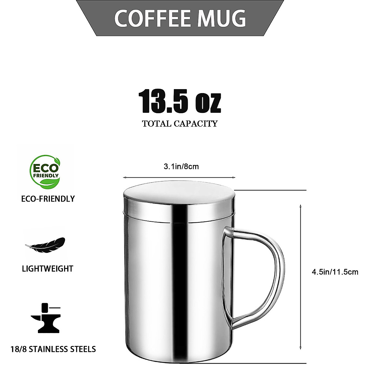 DASHTHER 13.5 oz Stainless Steel Double-Walled Metal Mugs - Insulated Coffee & Tea Cup with Lid and Handle for Camping and Everyday Use (1 piece)