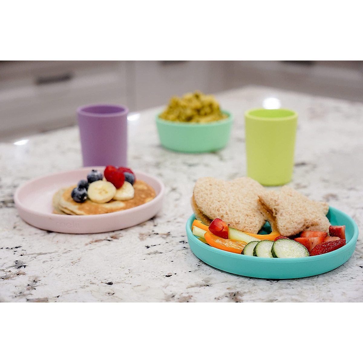 melii Non-Suction Silicone Plate, Bowl and Cup Set for Toddlers, Kids and Children (Lime, Mint, Blue)