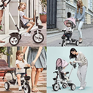 4 in 1 Kids Tricycle, Toddler Tricycle for Children Aged 1 to 5 Years Old, Baby Tricycle with Adjustable Canopy/Safety Seat/Storage Basket/Foot Pedals/Cup Holder (Gray)