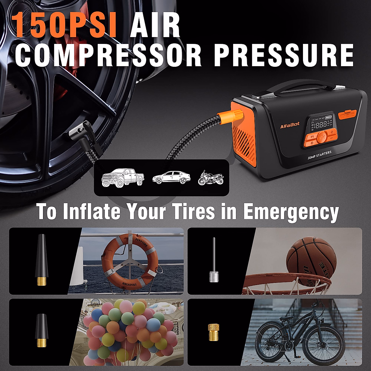 Car Jump Starter with Air Compressor, 4000A Peak 150PSI Portable Battery Starter 12V 26800mAh Car Battery Booster Pack (8.0L Diesel/All Gas), 4 in 1 Jump Starter/Air Compressor/Power Bank/LED Light