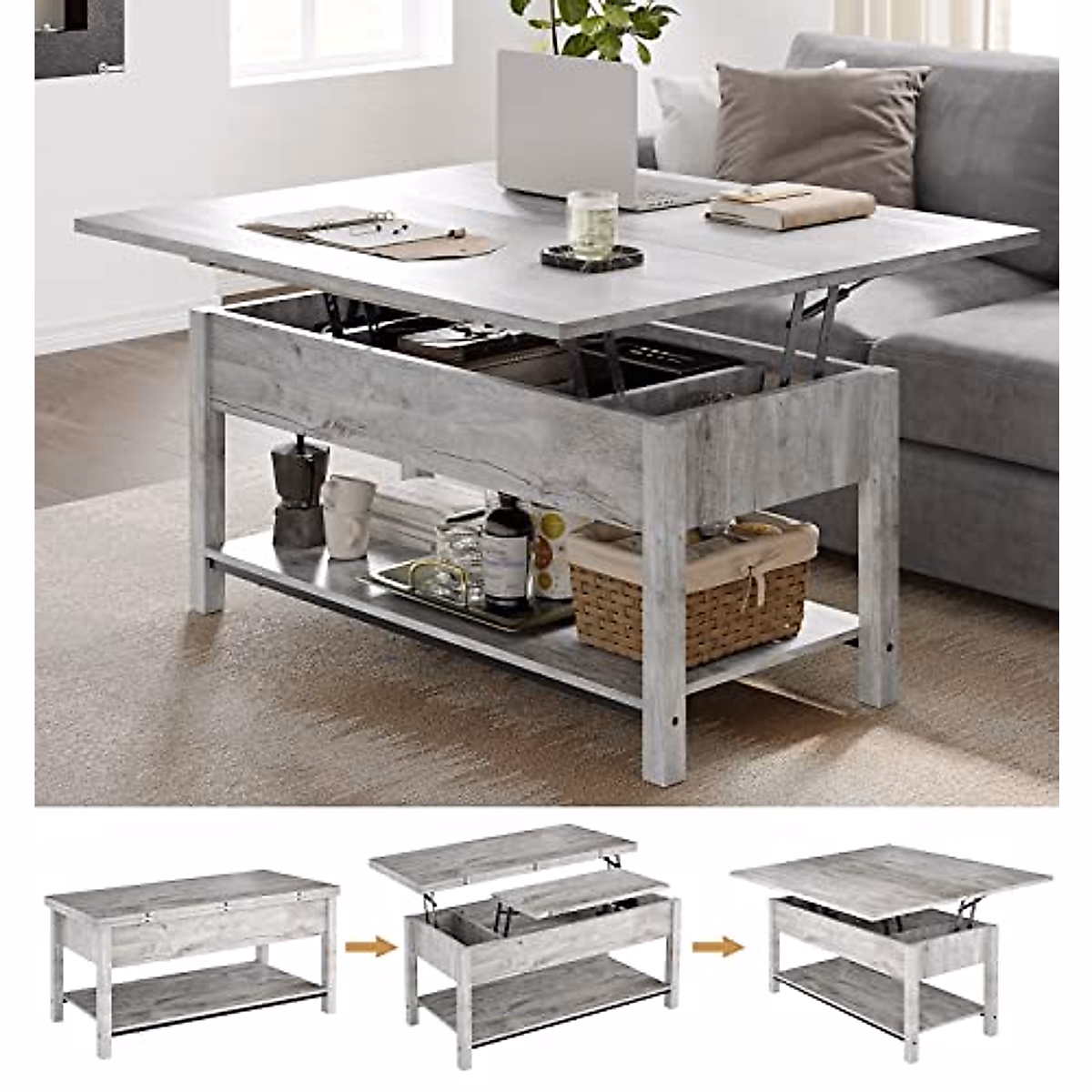 FABATO Lift Top Coffee Table, 4-in-1 Multi-Function Convertible Coffee Table with Storage, Coffee Table Converts to Dining Table for Living Room Reception Room Office, Gray