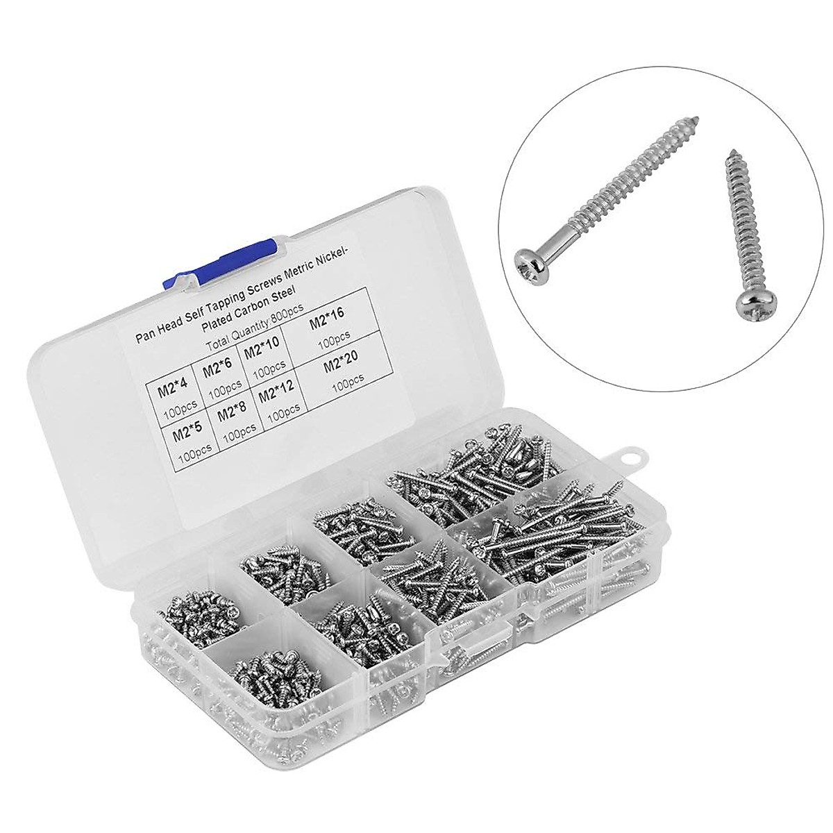 800pcs M2 Cross Drive Pan Head Self-Tapping Screws Woodworking Fastener with Box