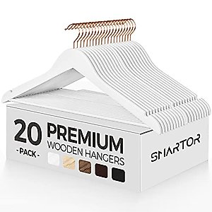 Smartor Wooden Hangers 20 Pack, Sturdy Coat Hangers for Closet, Quality Non Slip Hangers, Premium Heavy Duty Hangers, Durable Coat Hanger, Pants Hanger, Suit Hangers, with 360° Rotating Hook, White