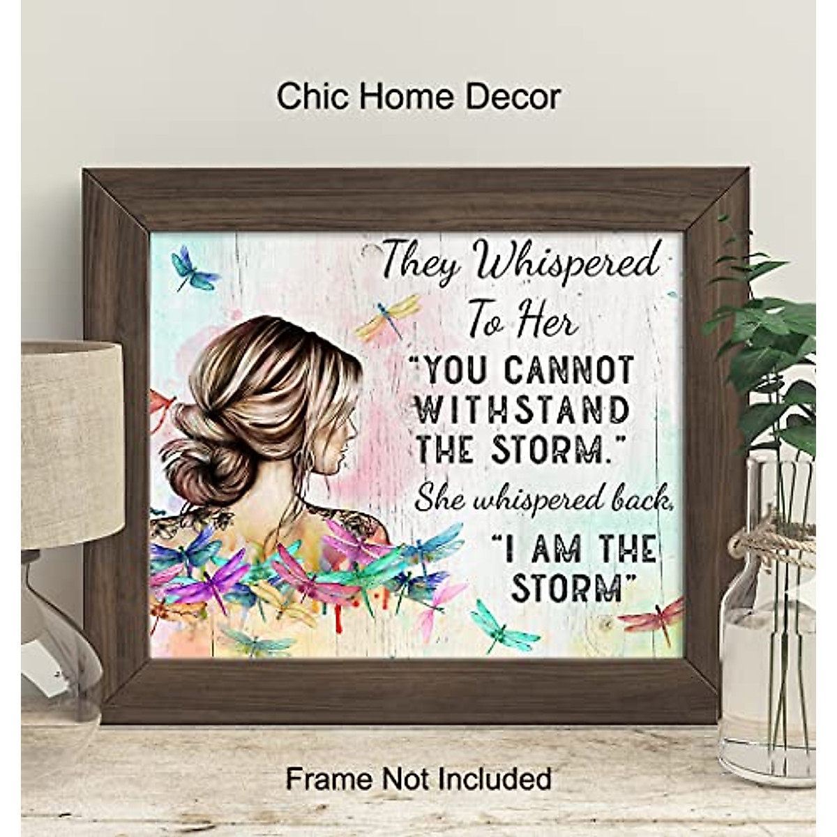 They Whispered to Her You Cannot Withstand The Storm - Boho Positive Motivational - Uplifting Encouragement Gifts for Women Teens BFF - Inspirational Quote Wall Art - Hippie Dragonfly Wall Decor Print