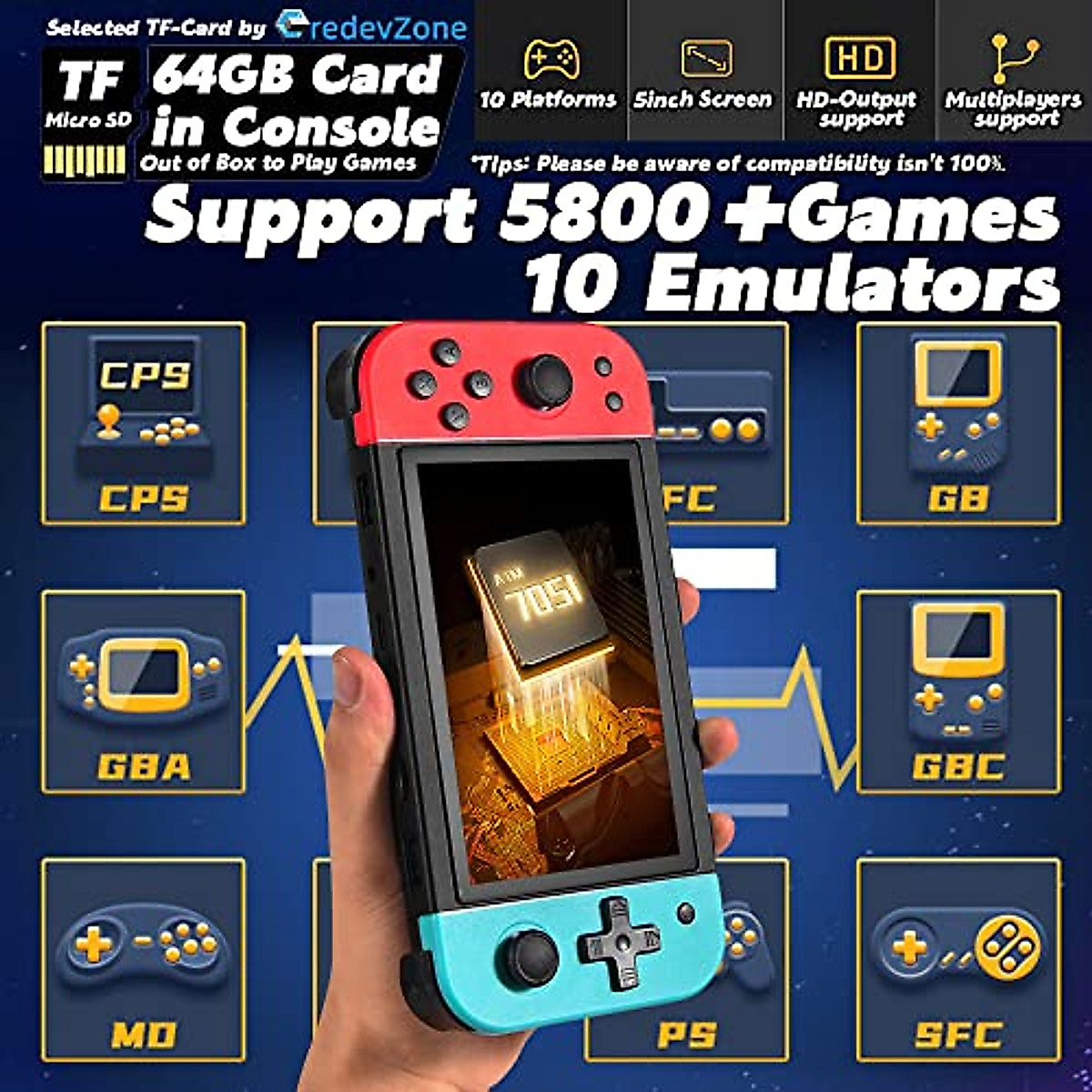 X51 Handheld Game Console 5.0 inch Pro Retro Games Consoles Classic Video Games Built-in Preinstalled Rechargeable Battery Portable Style Gaming Consoles 64GB Blue Red