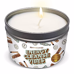 Magnificent 101 Energy Cleanse Vibes 6-oz. Candle in Tin Holder; 100% Natural Soy Wax with Sage & Palo Santo Essential Oils for Aromatherapy, Smudging, Meditation, Home Energy Cleansing; Great Gift