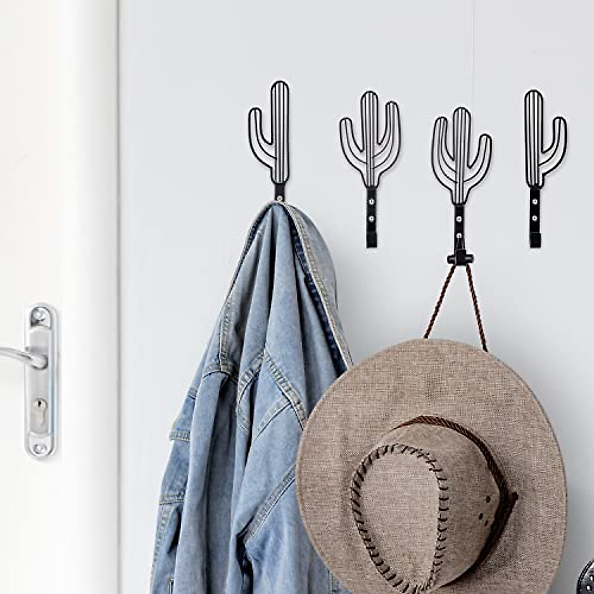 MyGift Wall Mounted Decorative Black Metal Entryway Coat Hooks Saguaro Cactus Shaped Hanging Novelty Hooks, Southwest Style Home Decor, Set of 4