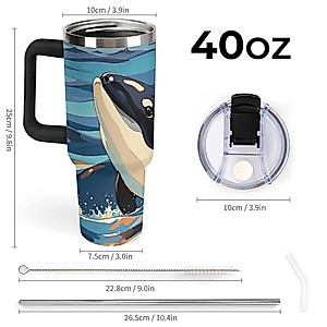 STVNKML 40 Oz Tumbler with Handle Orca Killer Whale Print Stainless Steel Coffee Mug Reusable Travel Mug Leak-proof Insulated Car Cup Large Capacity Tumbler for Travel, Outdoor, Home Use (Black)
