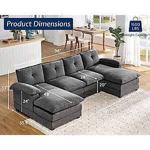 Jocisland 115 Inch Sectional Couch, Modular Sectional Sofa- Double Layer Seat Cushions, U Shaped Couch- Comfy Couches for Living Room, Grey Chenille