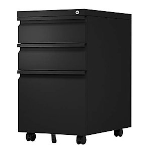 UINSOO 3 Drawer Mobile File Cabinet with Lock, Under Desk Metal Movable Filing Cabinet, Fully Assembled Except Casters, Lateral Storage Cabinet for Home Office(Black, 3 Drawer Mobile File Cabinet)