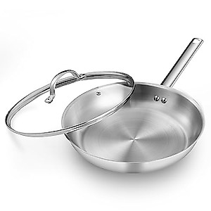 Deluxe Oil Gather Pro Stainless Steel Skillet, 11 Inch Frying Pan with Lid for Cooking, Prefesstional Cookware with Long and Stay Cool Handle Suit for All Stoves Induction Oven Dishwasher Safe