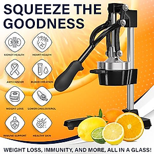 Eurolux Cast Iron Citrus Juicer | Extra-Large Commercial Grade Manual Hand Press | Heavy Duty Countertop Squeezer for Fresh Orange Juice (Bonus Stainless Steel Cup) (Black)