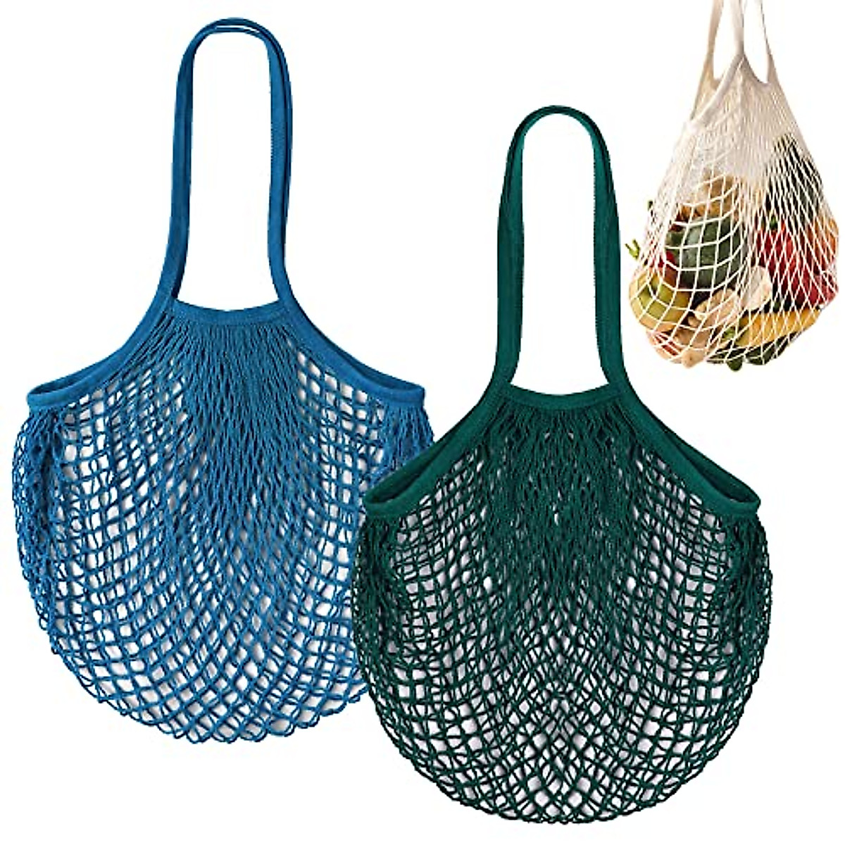 DRWSSR 2pcs Fashion Storage Mesh Bag Reusable Fruit Mesh Bag Shopping Mesh Bag Pure Cotton Portable Mesh Bag Eco Market Bags Tote Vegetables bag Tote Basketball Bag（blue+green）