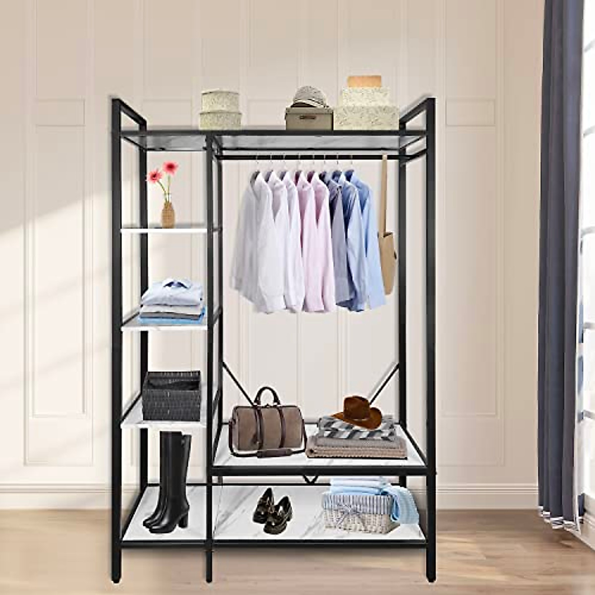 AT-VALY Heavy Duty Clothes Rack with Shelves,Freestanding Closet Organizer Metal Wardrobe Closet Mens Womens Storage Shelves Clothes Storage Rack (Black)