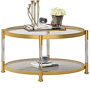OIOG 2 Tier Coffee Table with Acrylic Legs，32.3" Wide Round Coffee Table with Glass Top, Modern Center Table for Living Room, Studio Apartment，Glass/Gold