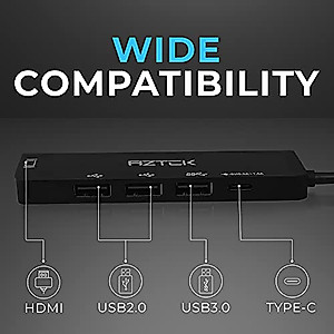 Aluminum USB Hub, USB-C Hub with 2.0 and 3.0 USB Ports, HDMI Port and 5V Charger, 5-in-1 USB Hub for USB C Devices, Black - AZTCK