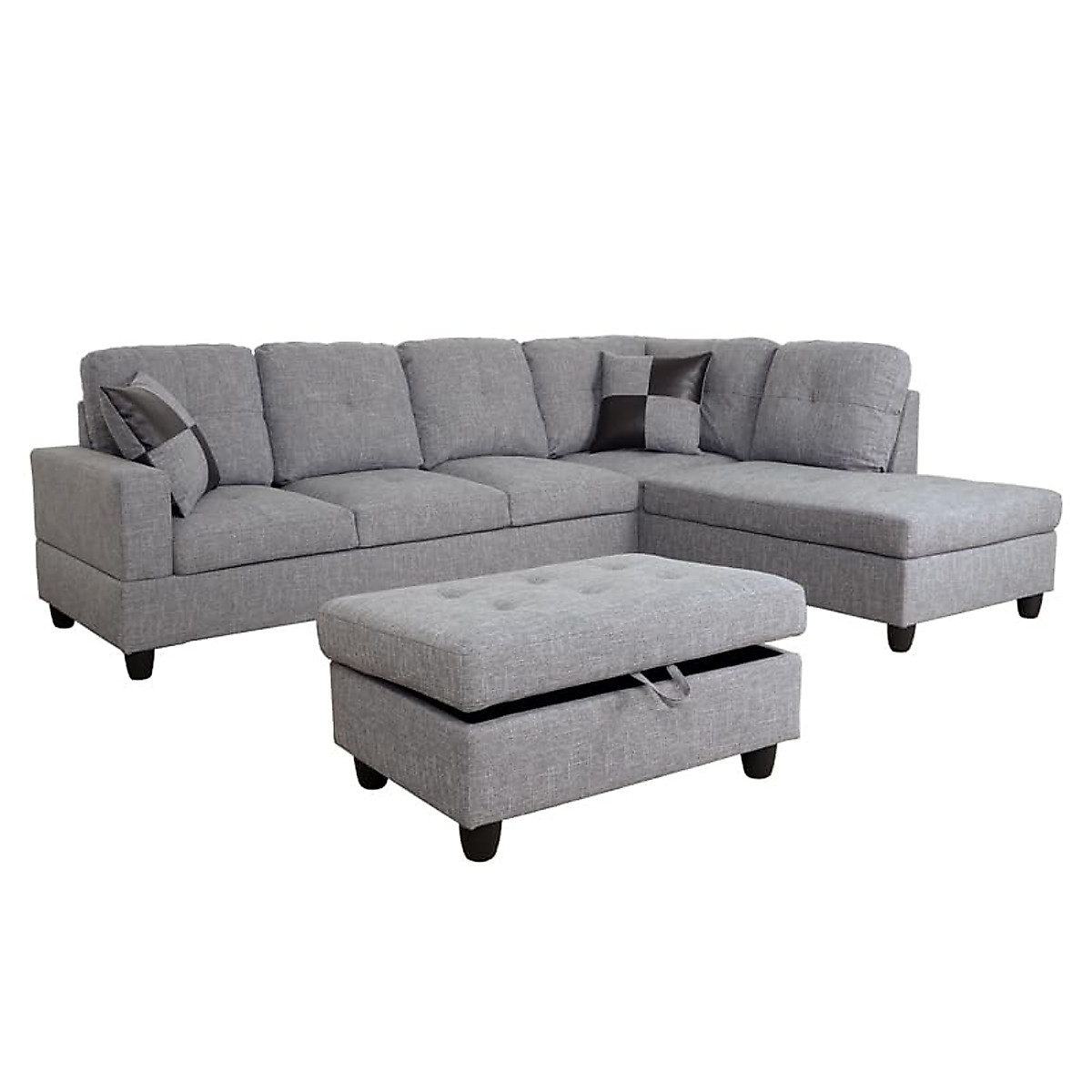 HOMVET Grey Linen Sectional Sofa Furniture Set, L-Shape Couch with Right Chaise, Storage Ottoman, and 2 Toss Pillows,for Living Room/Apartment/Office, Gray