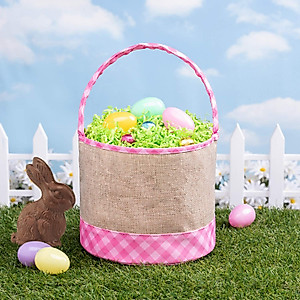 Personalized Easter Bucket Bag with Custom Cursive Name | Pink Plaid Burlap Easter Bag with Handle | Egg Basket for Kids | Customized Easter Basket | Great for Book and Toy Storage