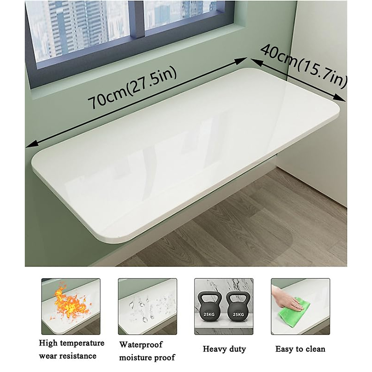 CYGJSYEA Laundry Folding Table - Wooden Wall-Mounted with Heavy-Duty Bracket, Stable and Durable for Kitchen, Laundry Room & Restaurant Use - White, (70x40cm/27.5in x 15.7in)