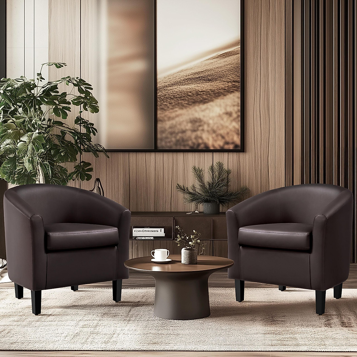 Yaheetech PU Leather Accent Chairs, Modern Barrel Chairs Side Chairs, Comfy Club Chairs with Soft Padded, 2 Chairs for Living Room/Bedroom/Reading Room, Espresso, Set of 2