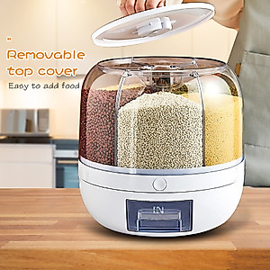 360° Rotating 6 Grid Food Dispenser,Rice Storage Container Waterproof and moisture-proof Dry Grain Food Storage Bucket for Home Kitchen