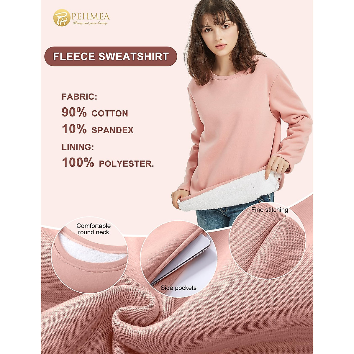 PEHMEA Women's Girls Warm Sherpa Lined Crewneck Pullovers Fleece Sweatshirt Tops (Pink, Medium)