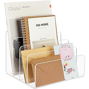 MaxGear Acrylic File Holder 4 Section, Acrylic File Organizer for Desk File Folder Holder File Sorter Vertical Acrylic Desk Organizer for Letter, Document, Notebook, Clear