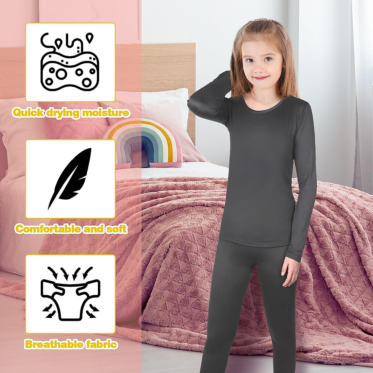 3 Set Girls Thermal Underwear Soft Long Underwear Winter Thermal Top and Bottom with Fleece Lined Base Layer for Girls (2 in Black, 1 in Grey, Medium)