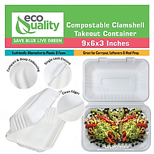 Compostable Rectangular Hinged Clamshell Take Out Food Containers 9x6x3,Heavy Duty Quality Disposable to go Containers, Single Compartment Eco-Friendly Takeout Box, Restaurants, Food Trucks (250)