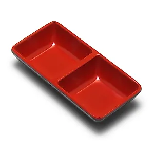 JapanBargain 2395, Japanese Style Soy Sauce Dishes Dipping Bowls, Red and Black Color, Two Compartments, 2 Pack