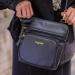 Baggallini Womens Modern Pocket Vegan Leather Crossbody, Black W/Gold Hardware Vegan Leather, One Size US