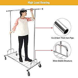 ALBOMI Adjustable Commercial Clothes Rack Heavy Duty On Lockable Wheels, Large Portable Clothing Rack For Hanging Clothes, Rolling Garment Racks With 1 Rod & Shelf For Entryway Bedroom Balcony
