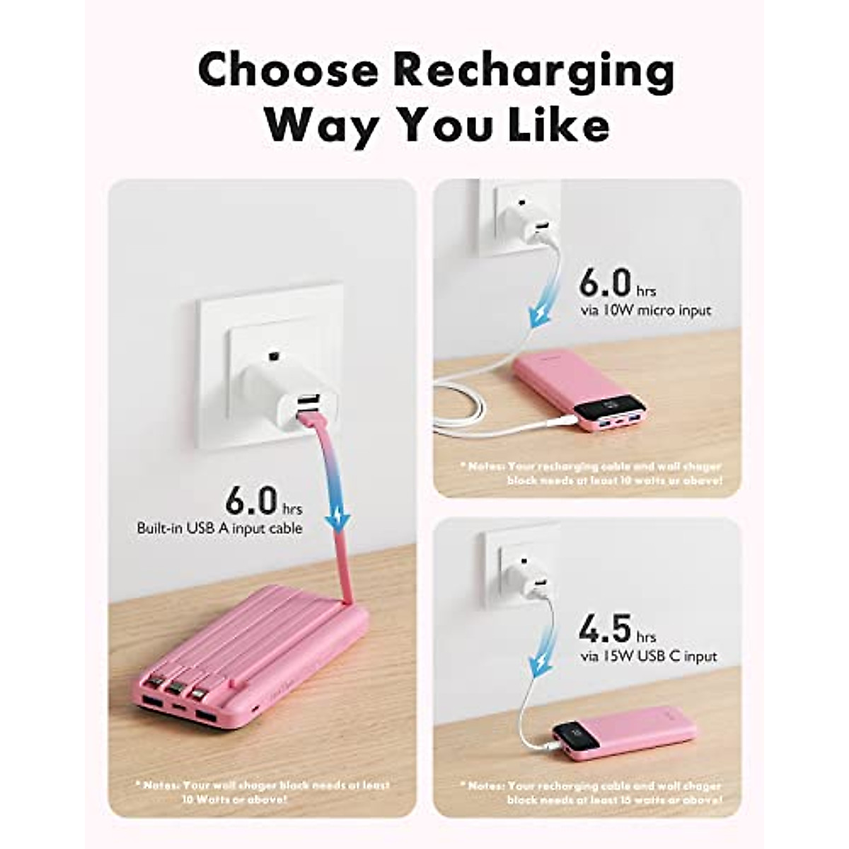 Portable Charger with Built in Cables, Portable Charger with Cords Wires Slim 10000mAh Travel Essentials Battery Pack 6 Outputs 3A High Speed Power Bank for iPhone Samsung Pixel LG Moto iPad