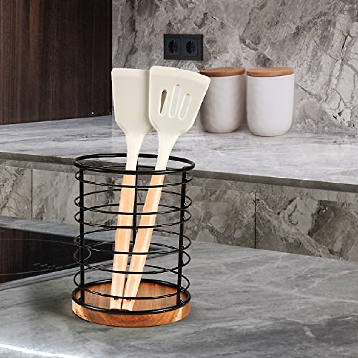 Utensil Holder for Kitchen Counter, Black Metal Wire Cooking Utensil Holder with Acacia Wooden Base, Large Kitchen Utensil Holder for Countertop