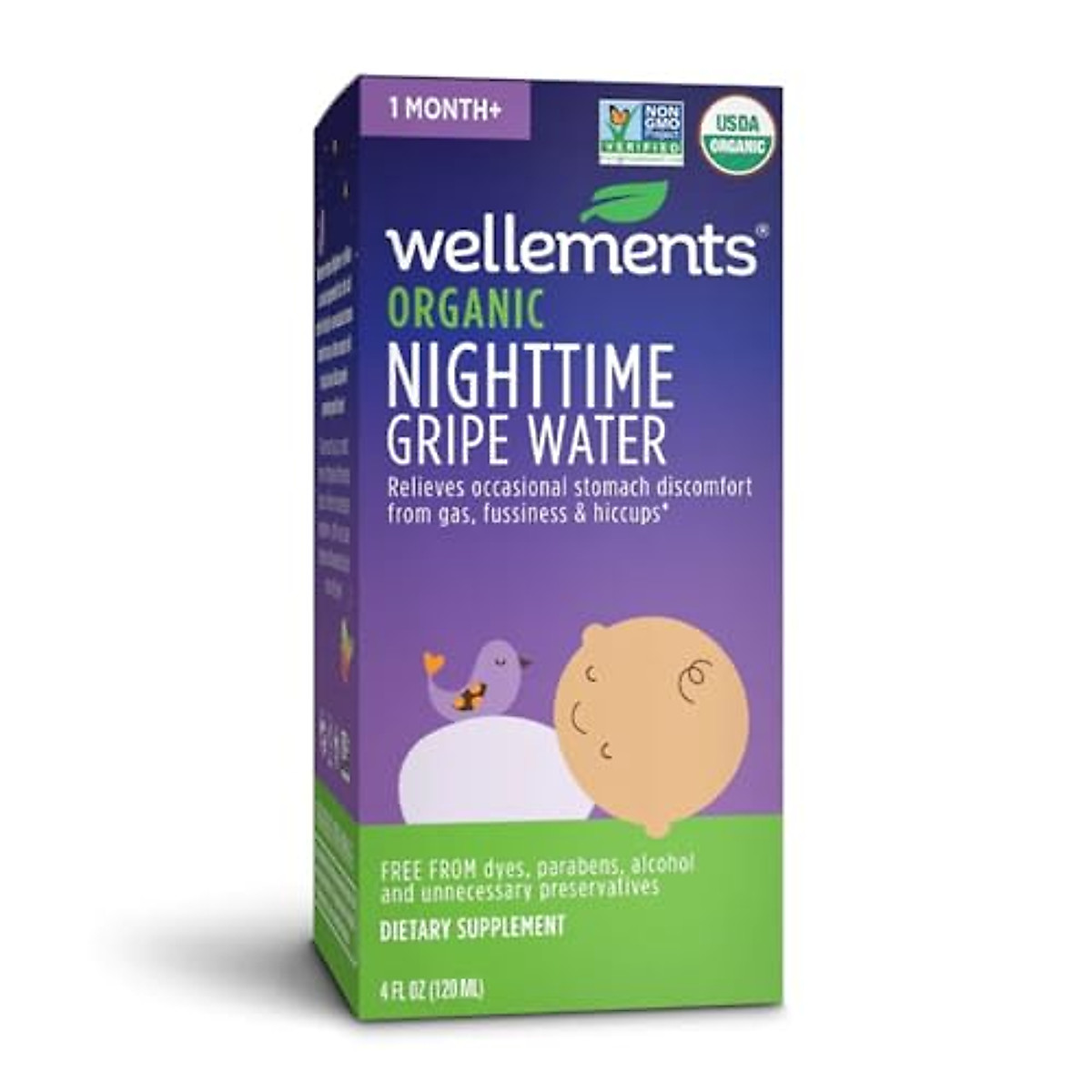 Wellements Organic Nighttime Gripe Water for Babies 1 Month+ (4 Fl Oz) - Baby Gripe Water for Bedtime Relief Gas, Colic & Fussiness - Herbs Promote a Peaceful Night’s Sleep - USDA Certified & Non GMO