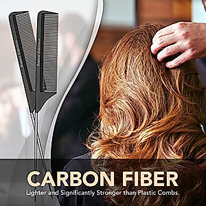 Professional 8.8 Inch Tail Comb (2 Pack) - Black Carbon Fiber And Stainless Steel Pintail - Anti Static And Heat Resistant Teasing Comb - Lightweight Tail Comb For All Hair Types By Bardeau Essentials