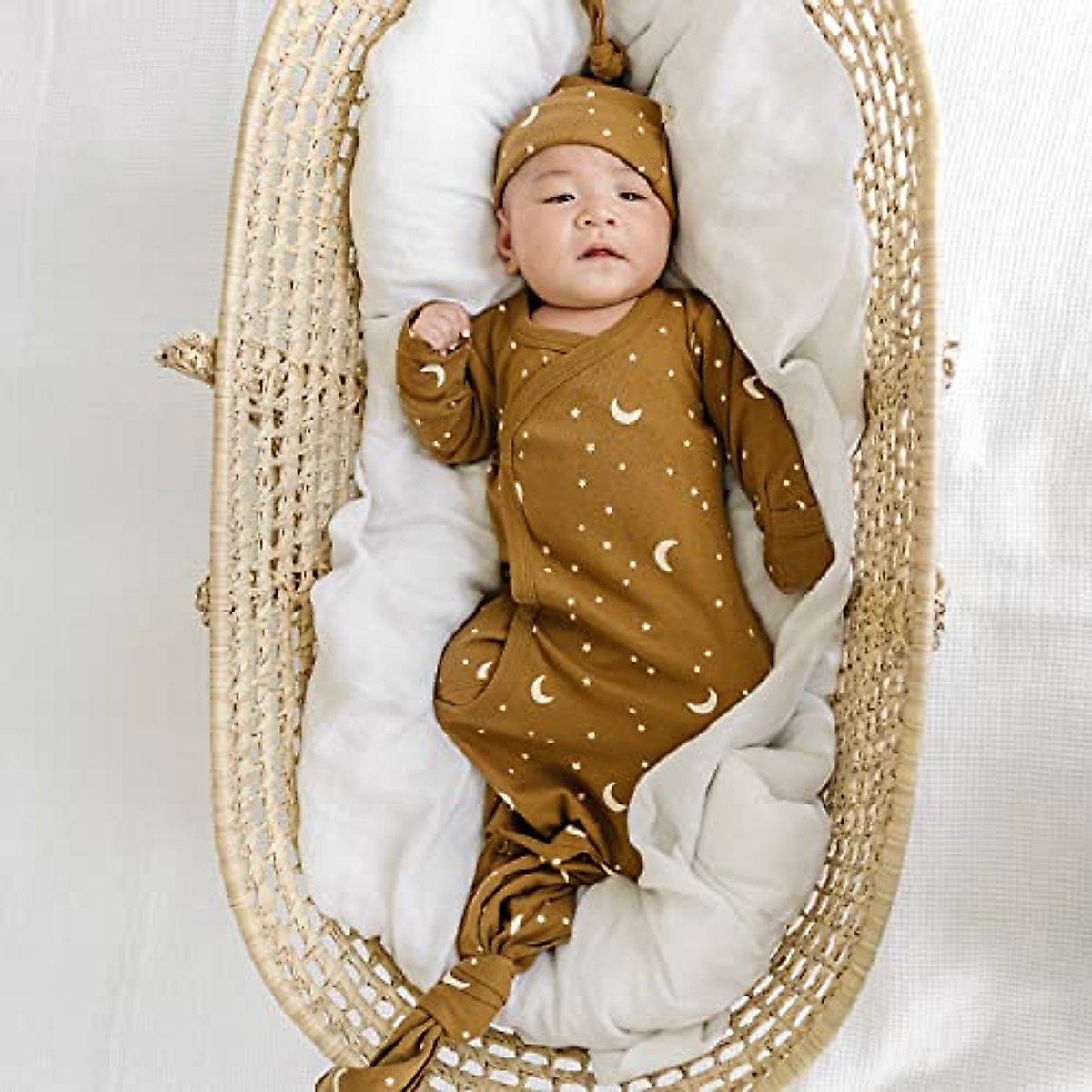 MakeMake Organics GOTS Certified Organic Cotton Kimono Knotted Blanket Tie Swaddle Hat Set Mittens Baby Boys Girls (Moonlight, 0-3 Months)