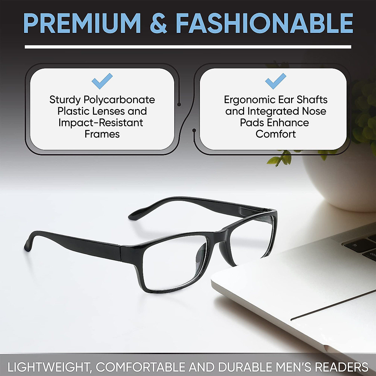 Yogo Vision Reading Glasses Men Women Readers Lightweight Eyeglasses Standard Fit Rectangle Style Anti Glare Filter 5 Pairs Black 2