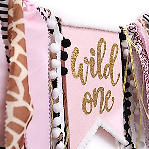 Girls Wild One High Chair Banner - Pink Jungle Birthday Banner - Girls Animal Print 1st Birthday Banner - Shes A Wild One Birthday Decorations Girl - Best Wild One Birthday Party Supplies