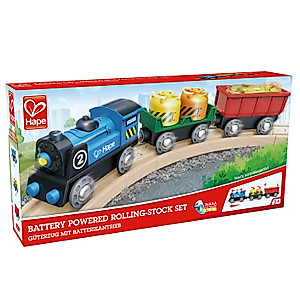 Hape Battery Powered Engine Set | Colorful Wooden Train Set, Battery Operated Locomotive with Working Lamp