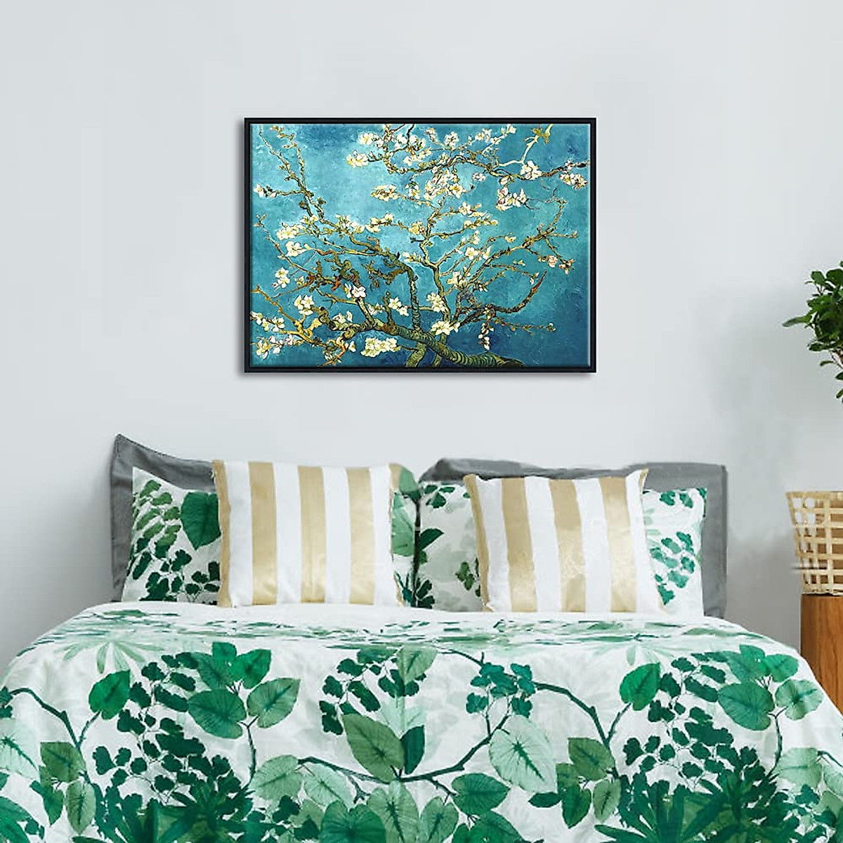 Pyradecor Black Framed Large Almond Blossom Famous Oil Paintings Reproduction Canvas Prints by Van Gogh Floral Pictures on Canvas Wall Art for Home Office Decorations