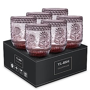YL-ESH Vintage Glassware Collection, Old Fashioned Cocktail Glass 6 Pack 12 Oz, Drinking Water Glasses Decorate Embossed Colored Tumblers for Whisky, Beer, Cocktails, Mixed Drinks, Wine, Green