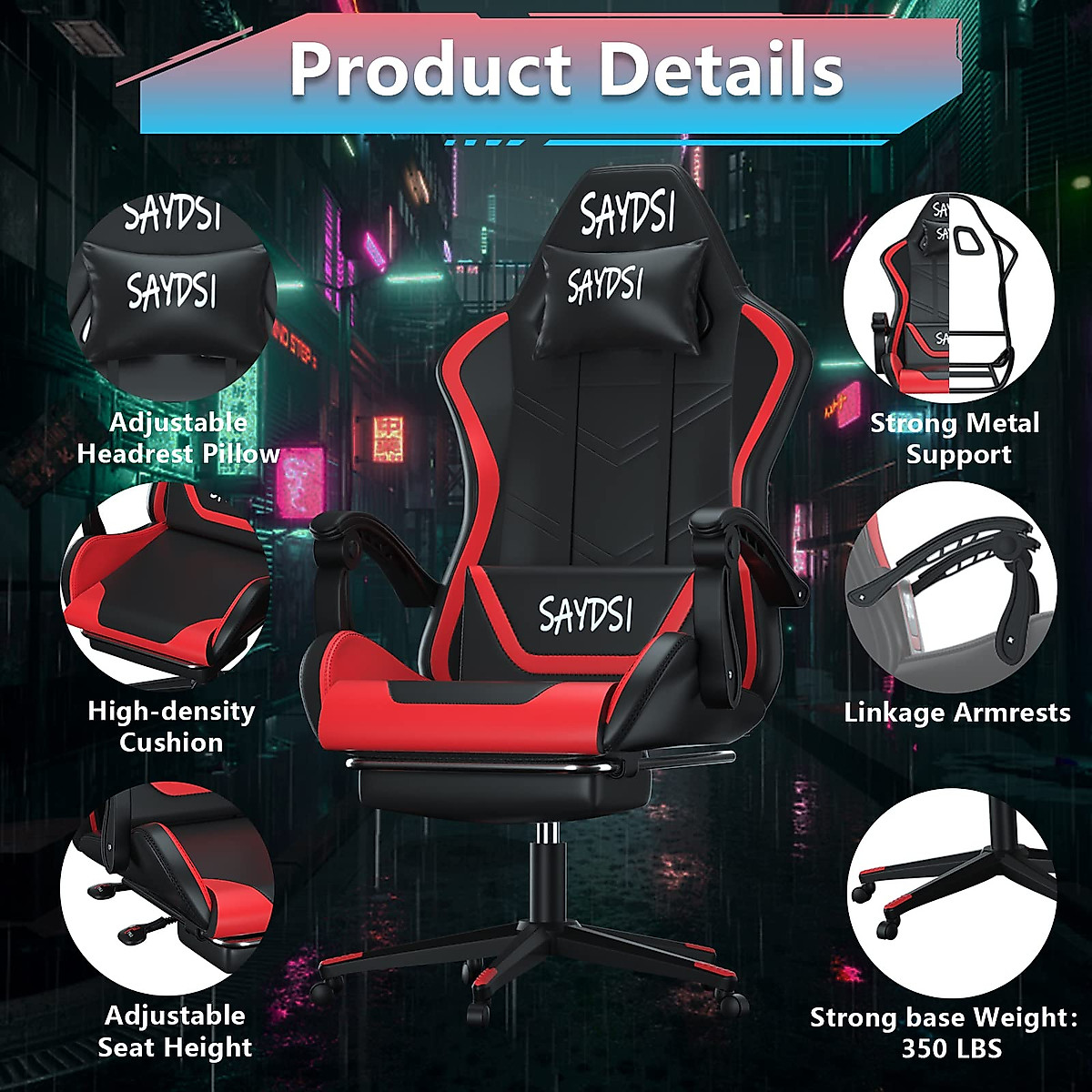 SAYDSI Gaming Chair Computer Chair Leather High Back Chair Racing Executive Ergonomic Office Chair with Height Adjustment, Footrest，Headrest and Lumbar Support Sports Swivel Chair(Red)